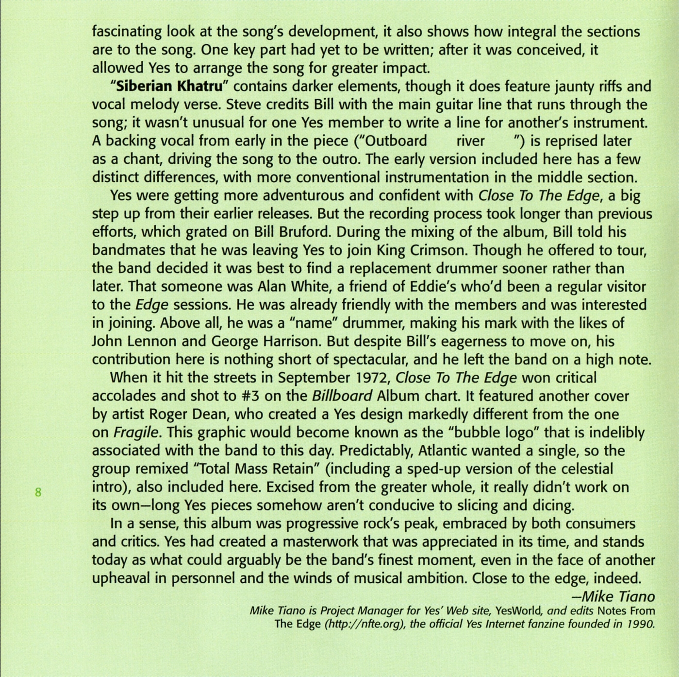 Mike Tiano Writing Portfolio - Yes: Close to the Edge